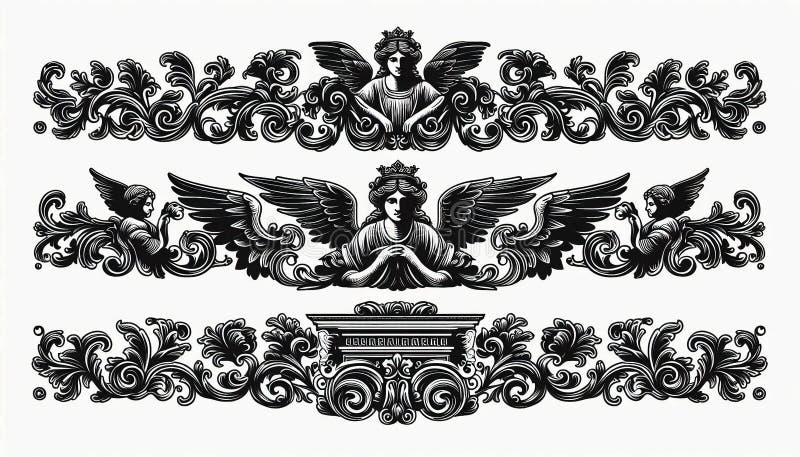 Renaissance Angel and Scroll Border Silhouette Ornament Stock Vector ...