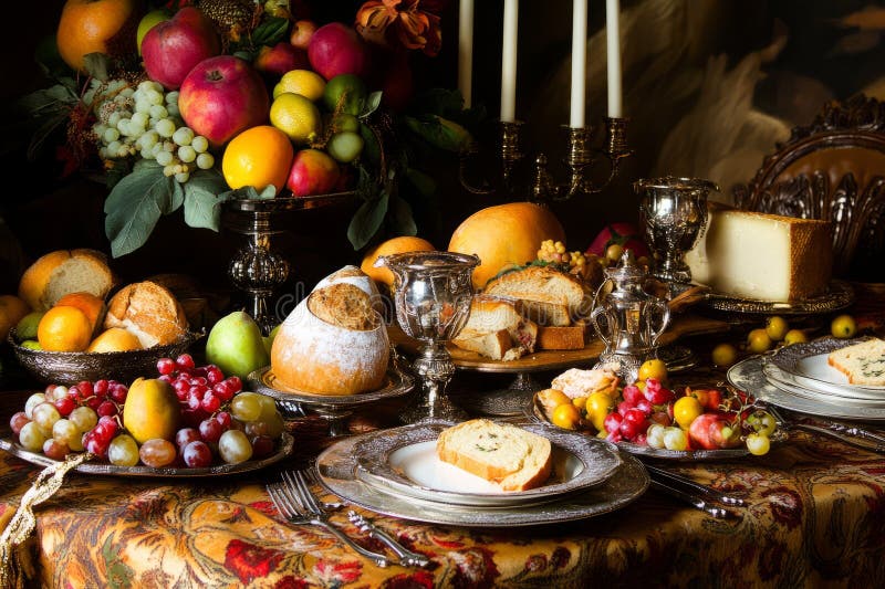 Renaissance Banquet Table Setting with Silverware, Fruit, Cheese, and ...