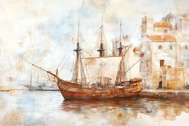 Renaissance Carrack Docked at Harbor in Medieval City: Painting Effect ...