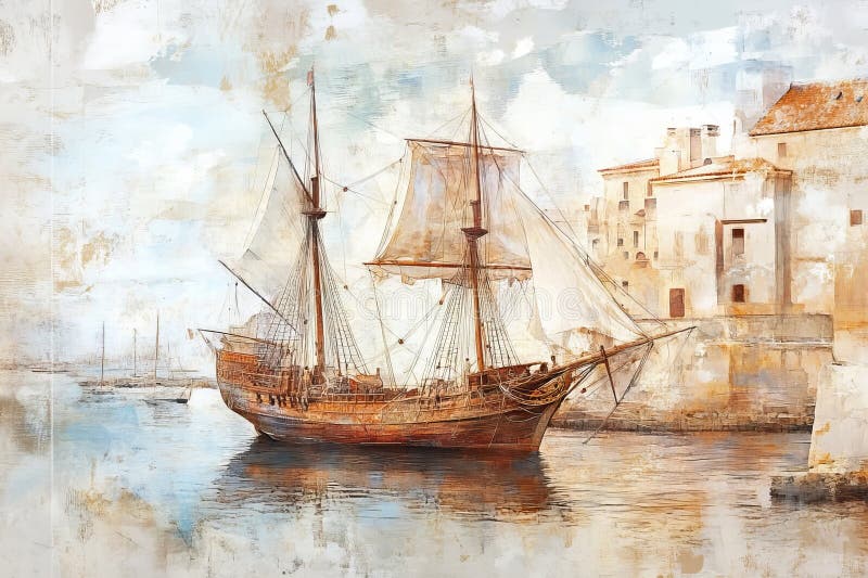 Renaissance Carrack Docked at Harbor in Medieval City: Painting Effect ...