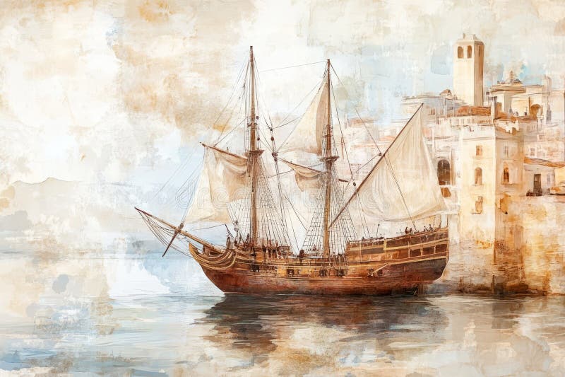 Renaissance Carrack Docked at Harbor in Medieval City: Painting Effect ...