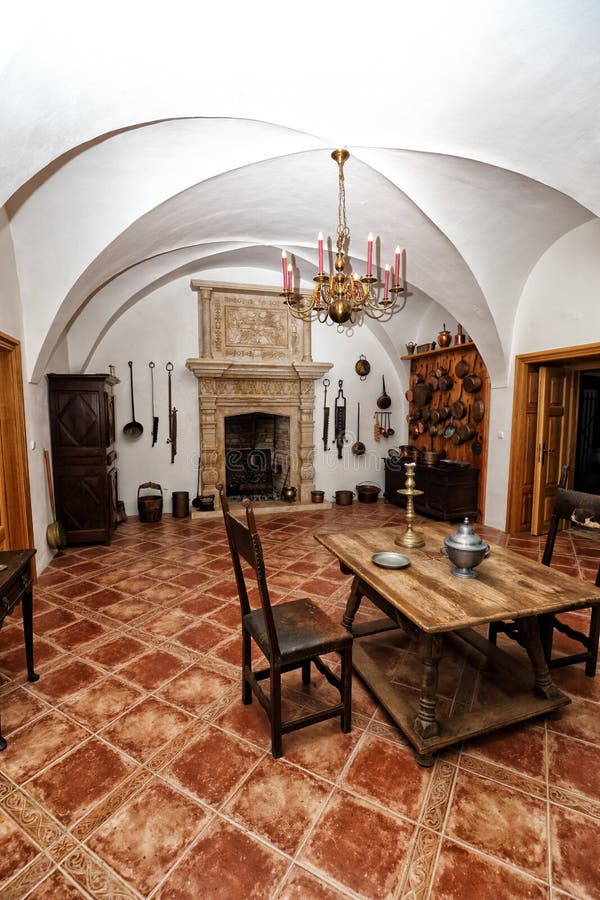 Renaissance Dining Room of the Castle with Large Fireplace Editorial ...