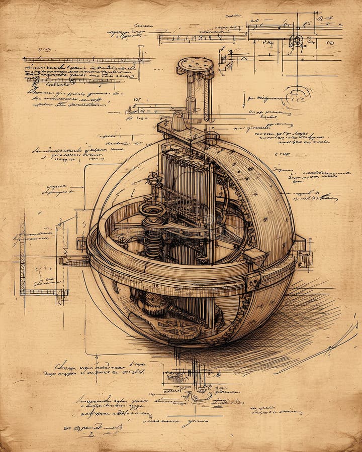 Da Vinci-style Sketch of Spherical Musical Device with Rotating Tubes ...