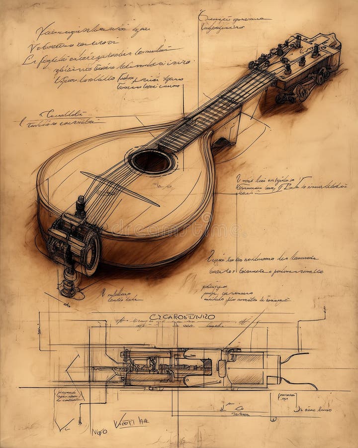 Da Vinci-style Schematic of Mandolin with Internal Gear-driven Sound ...