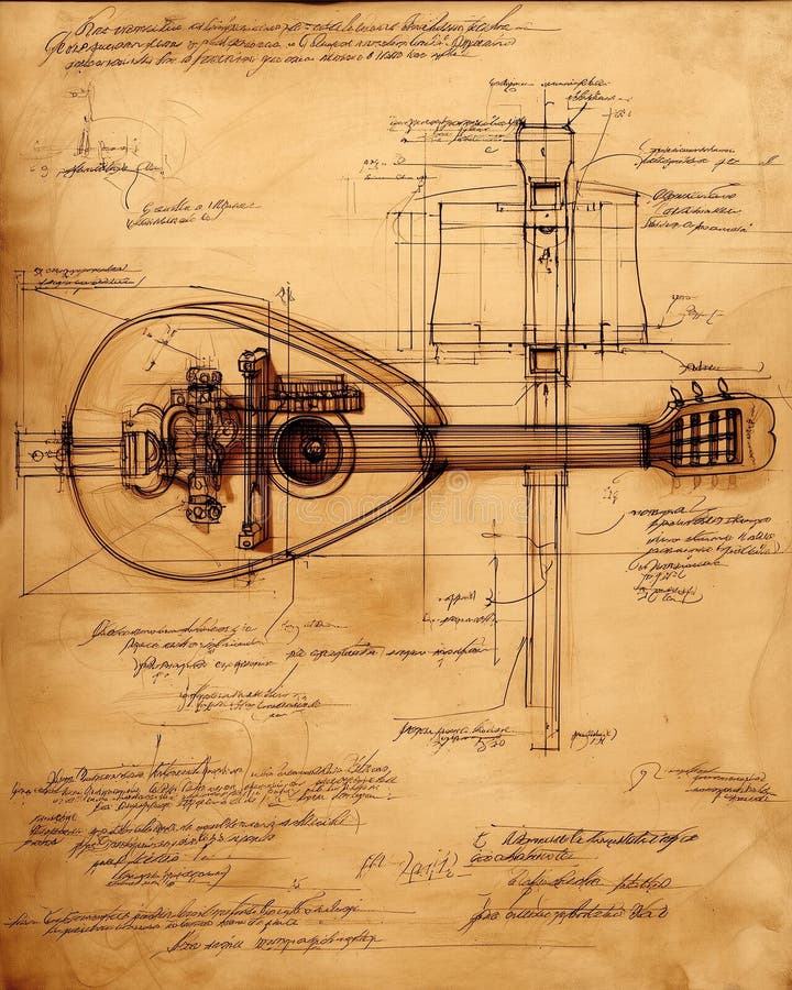 Da Vinci-style Schematic of Mandolin with Internal Gear-driven Sound ...