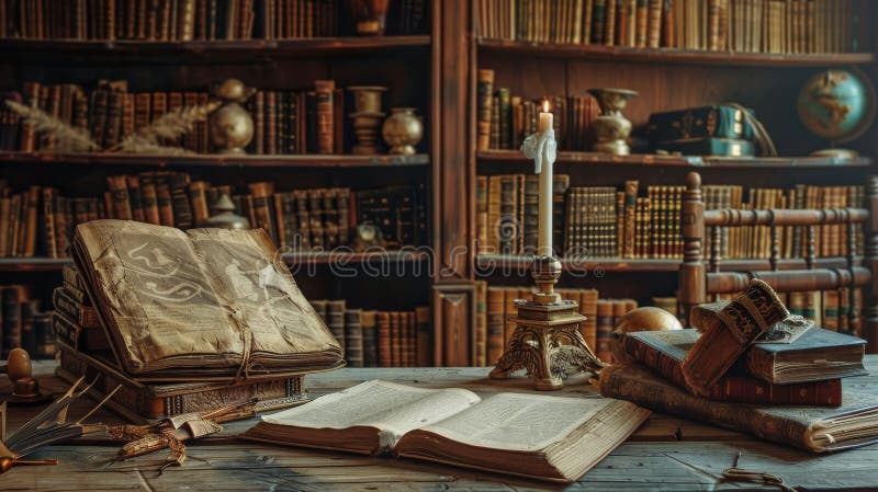 A Renaissance-style Study Room Filled with Classic Leather-bound Books ...