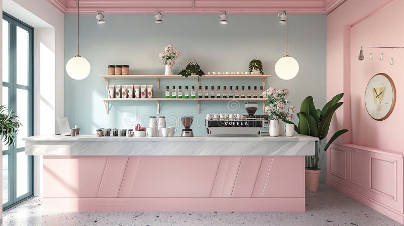 Render Cafe Interior Design in Pastel Minimal Style, Front View of ...