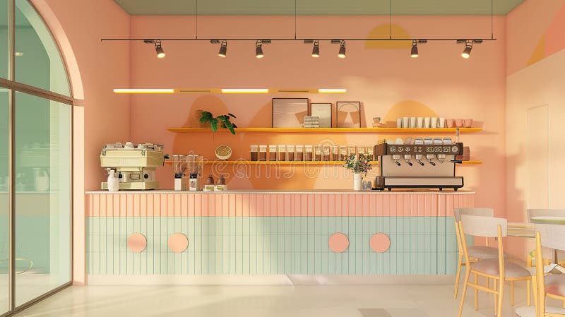 Render Cafe Interior Design in Pastel Minimal Style, Front View of ...