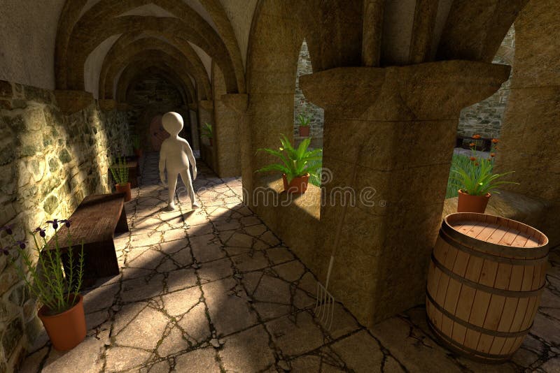Render of Cartoon Character in Monastery Stock Illustration ...