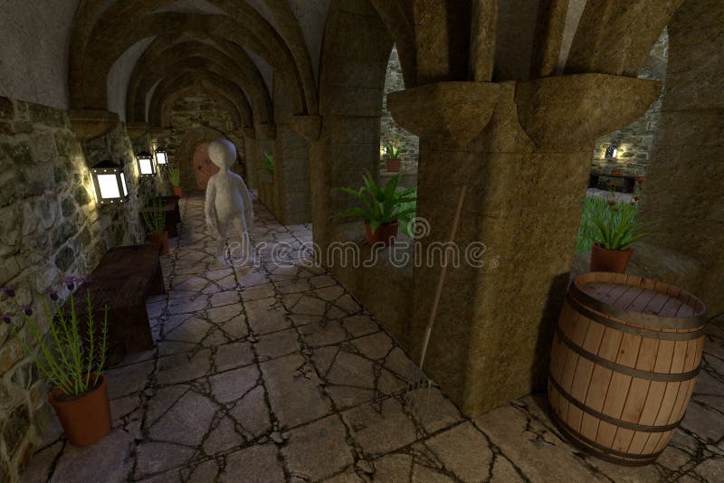 Render of Cartoon Character in Monastery Stock Illustration ...