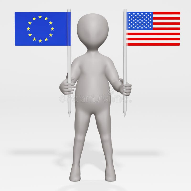 Render of Cartoon Character with US and EU Flags Stock Illustration ...