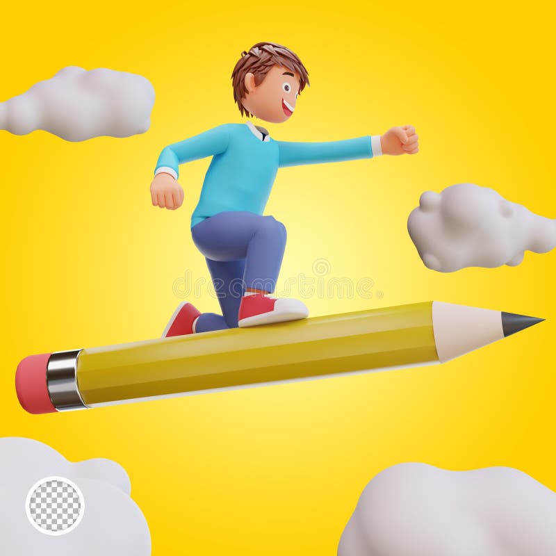 3d Render Cute Boy Ride a Pencil Stock Photo - Illustration of cartoon ...