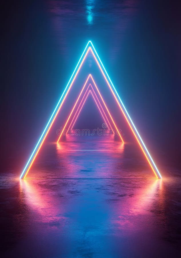 Render in 3D with Neon Lights and Triangle Tunnels on an Abstract ...