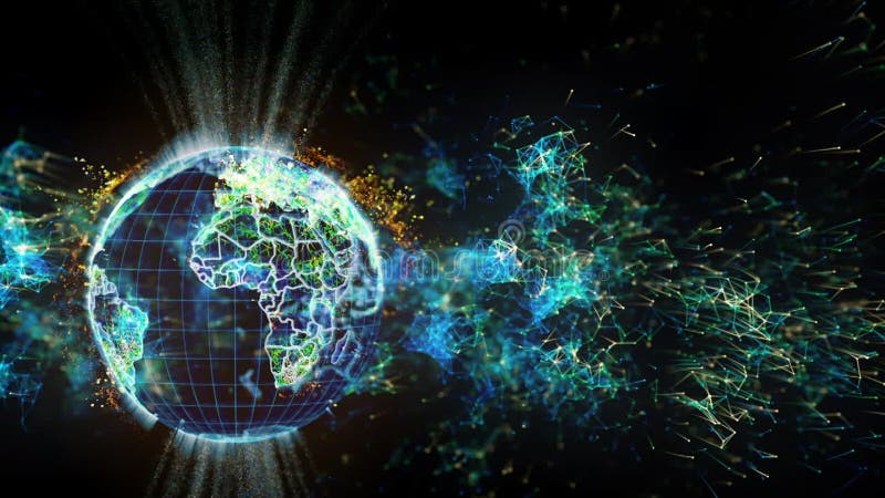 Rotation of the Planet Earth in Blue Color. Dynamic Grid of Satellites ...