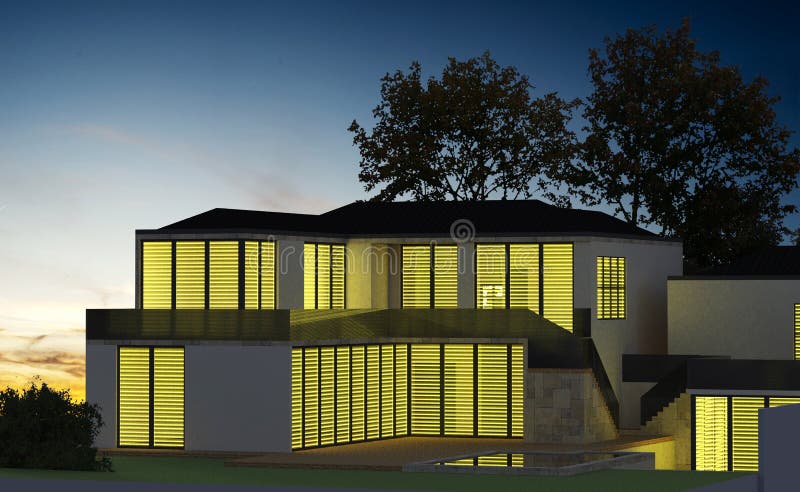 Render Evening House stock illustration. Illustration of lighting ...