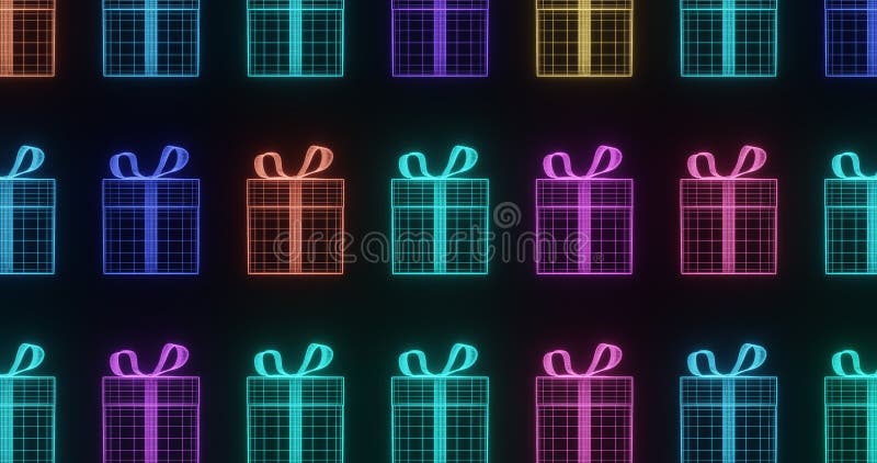 Render with Glowing Multi-colored Neon Present Boxes with a Bow Stock ...