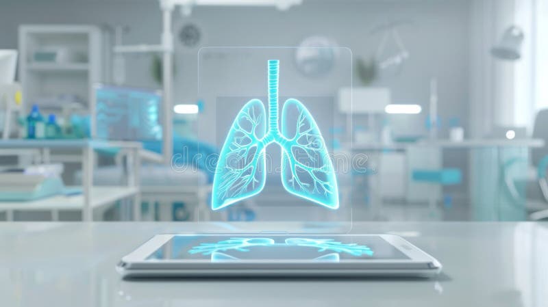 Render of Holographic Digital Style Human Lungs Above Tablet Computer ...