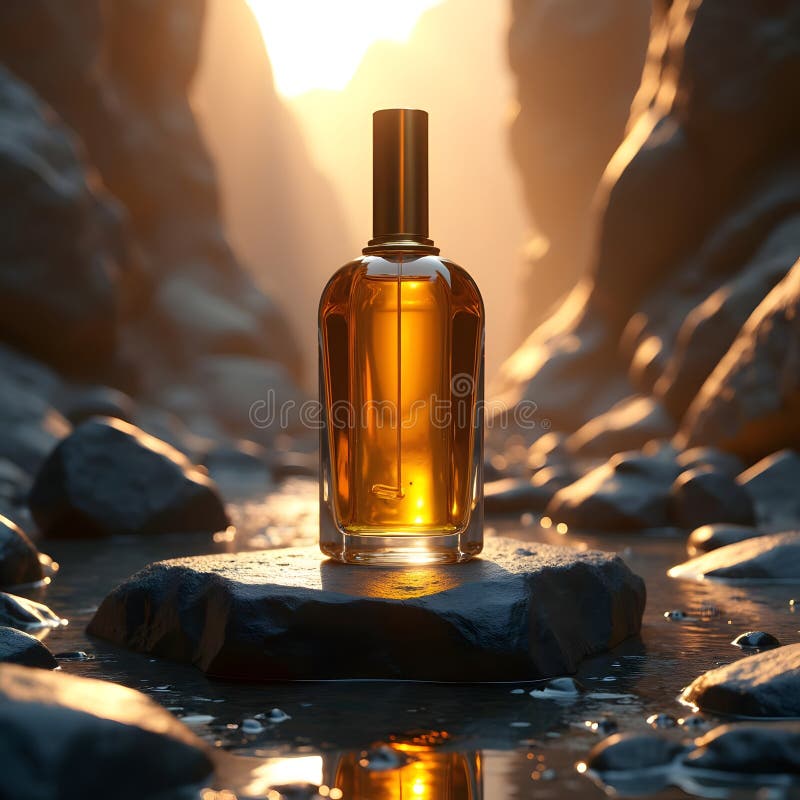 Gilded Elixir: a Luxurious Golden Bottle in Sunlit Canyon Stock ...