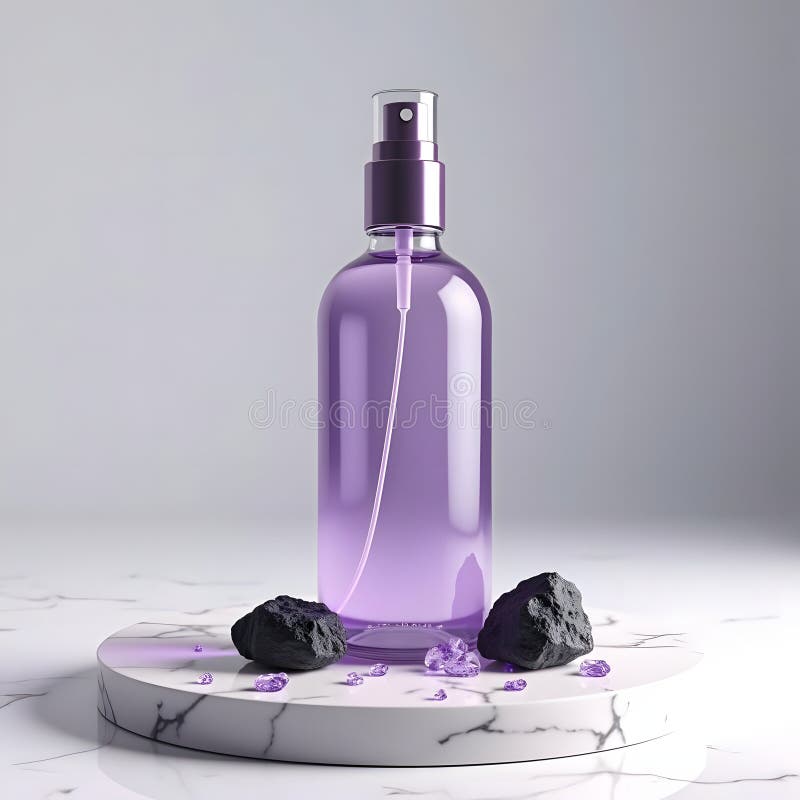 Ethereal Elegance: Violet Mist Bottle on White Marble Stock ...