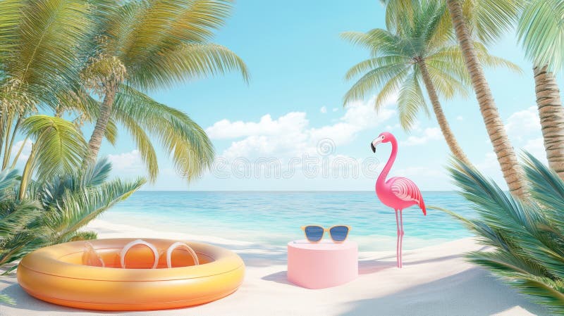 Render of Summer Vacation Beach with Podium Displays for Cosmetics and ...