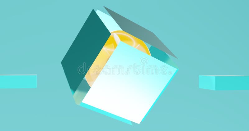 Render with a Yellow Ball with Reflections Inside a Blue Cube Stock ...