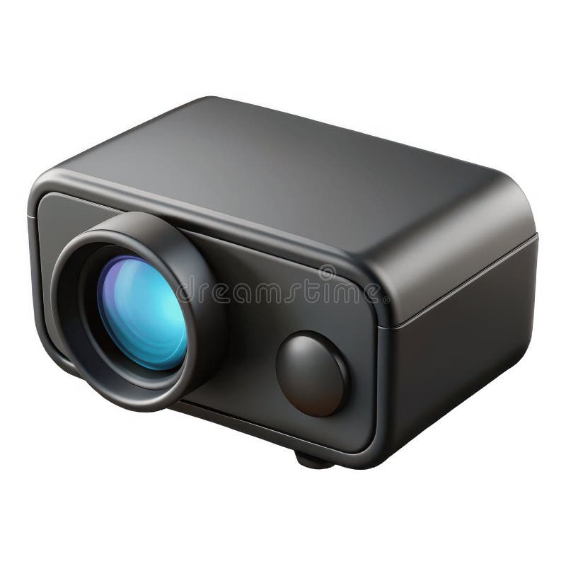 Rendered Black Mini Projector with Blue Lens Reflection Isolated on ...