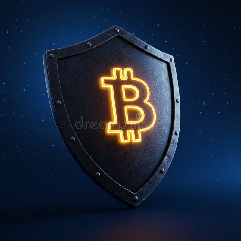 AI Generated Rendered Image of Black Shield with Glowing Orange Bitcoin ...