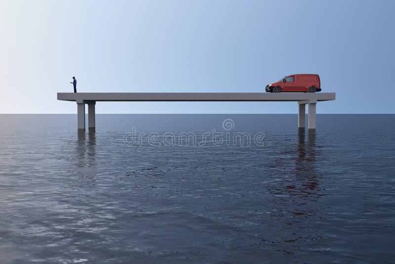 Rendered Image of a Red Car on a Dead-end Bridge in the Middle of the ...
