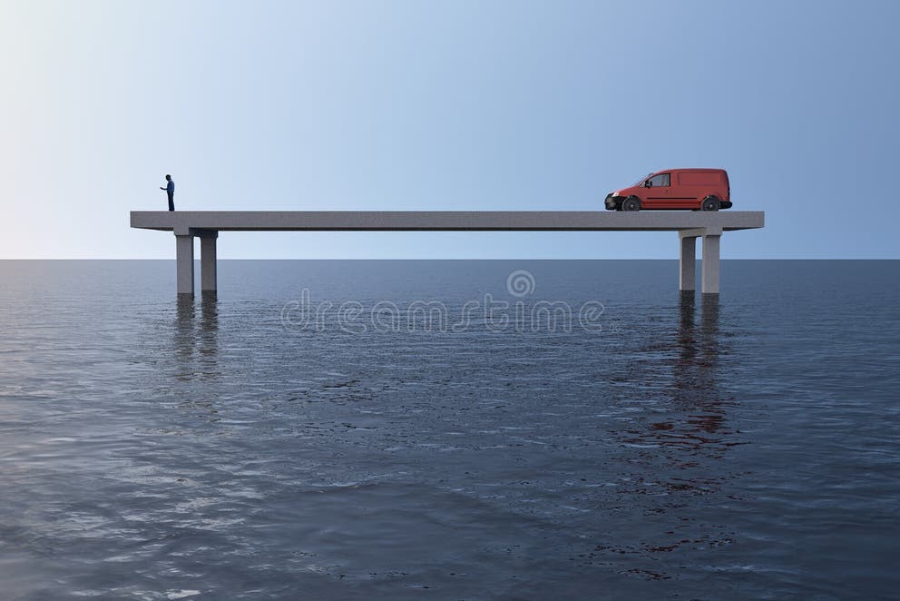 Rendered Image of a Red Car on a Dead-end Bridge in the Middle of the ...