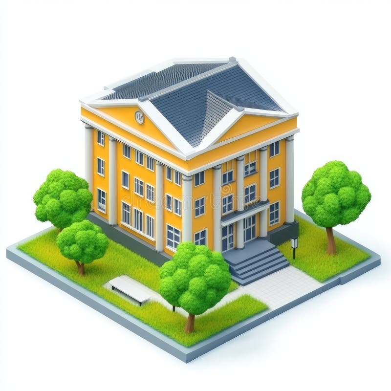 Charming Yellow Building with Green Trees and Bench Stock Illustration ...