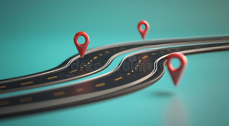 Rendering of an Abstract Road with Red Location Pins on a Curvy Path ...