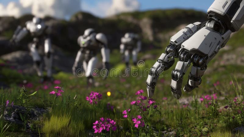 Rendering of a Bionic Arm Encircled by Grass and Lush Vegetation, with ...