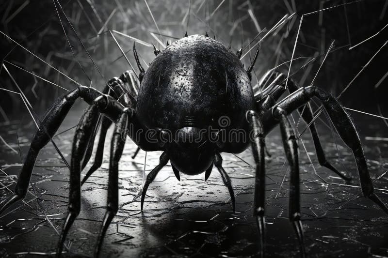 Rendering of a Black Spider in the Dark with Spider Web Stock ...