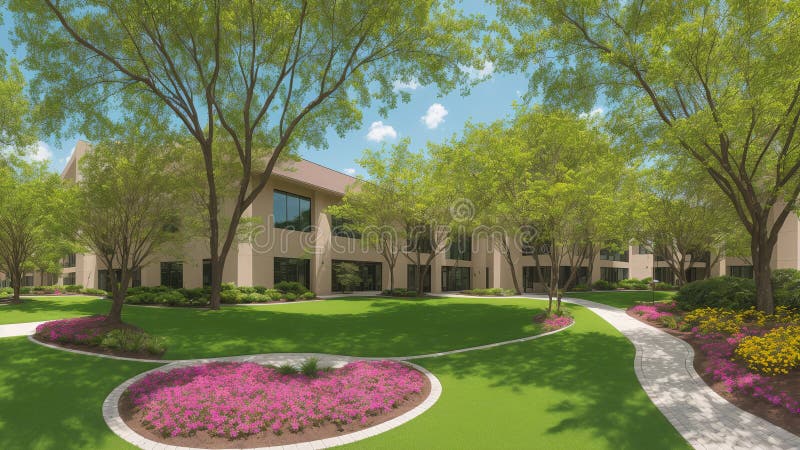 A Rendering of a Building with a Green Lawn Stock Illustration ...