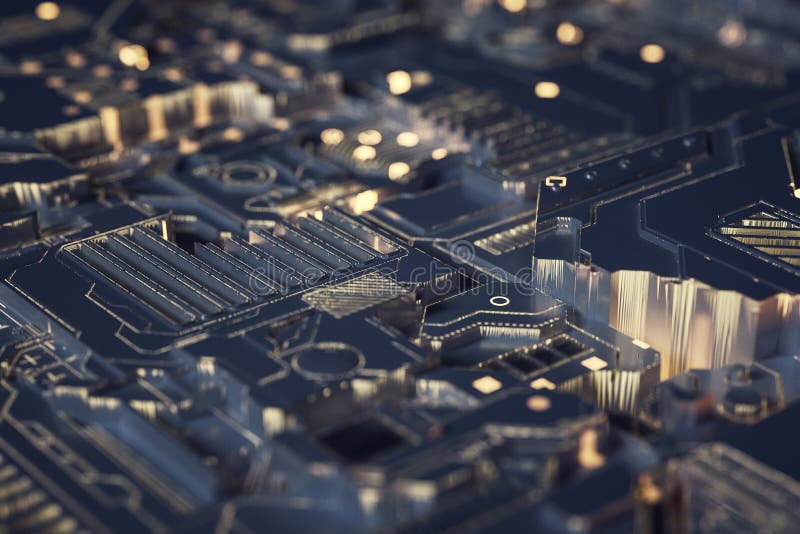 3d Rendering, Circuit Board and Gold Glow Chip Stock Photo - Image of ...