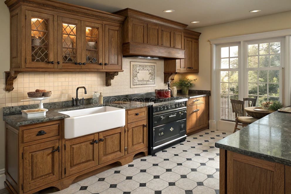 Rendering of a Classic Kitchen in American Style Stock Illustration ...