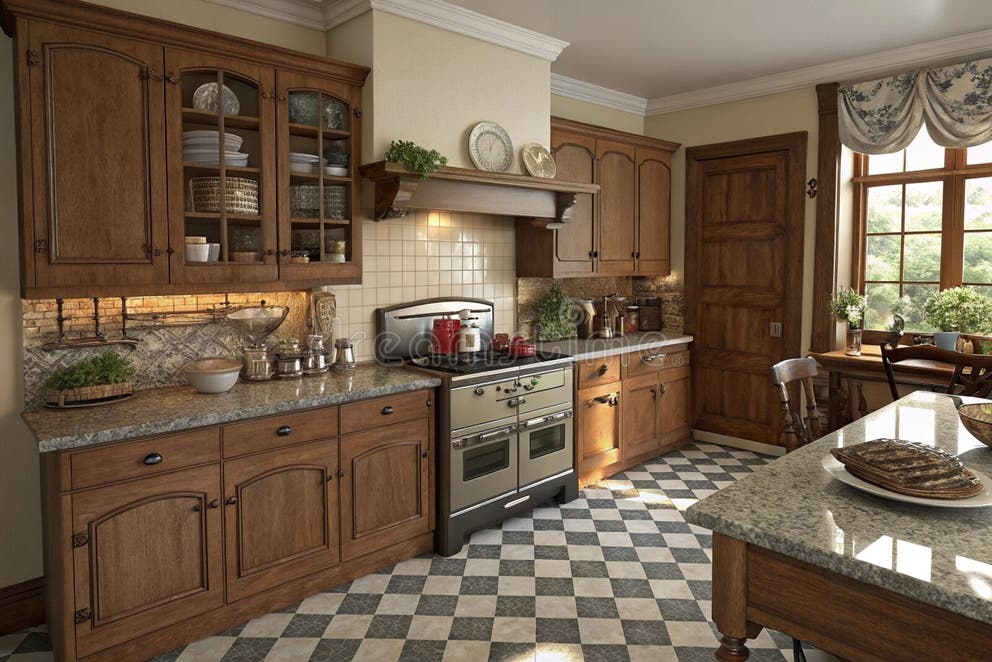 Rendering of a Classic Kitchen in American Style Stock Illustration ...