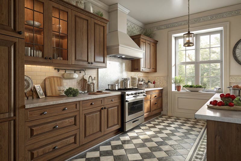 Rendering of a Classic Kitchen in the American Style Stock Illustration ...