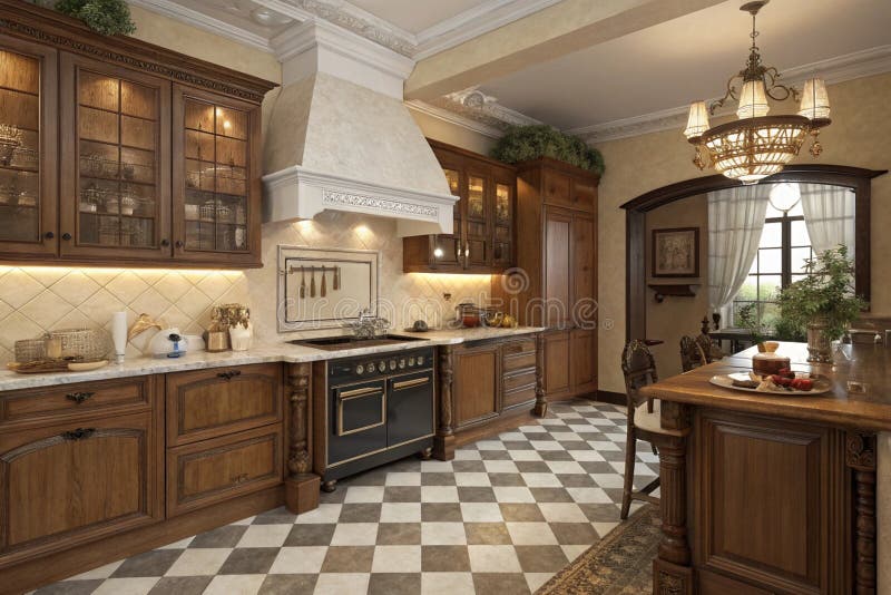 Rendering of a Classic Kitchen in the American Style Stock Illustration ...