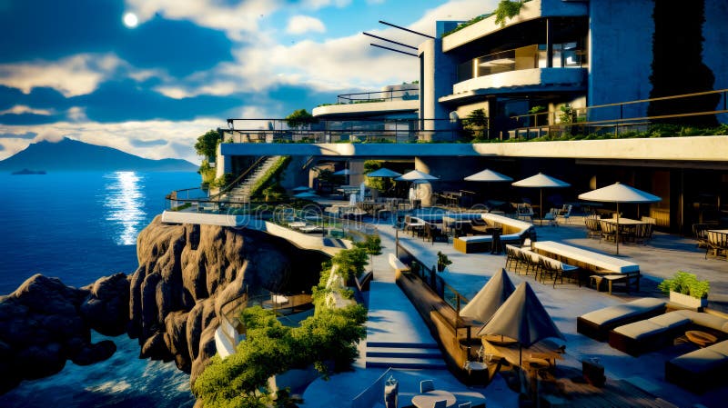 Rendering of Cliff Side Restaurant on Cliff Overlooking the Ocean and ...