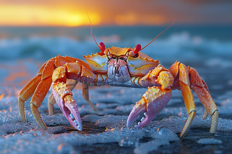 Rendering of a Crab on the Beach at Sunset Time Stock Illustration ...