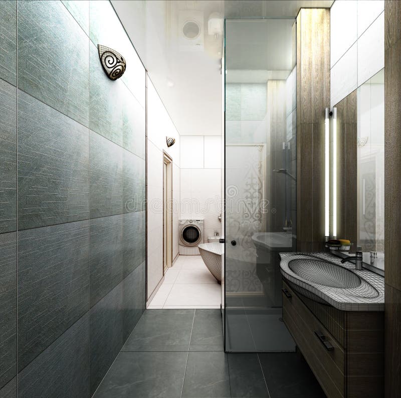 Rendering 3D of a Modern Bathroom Interior Design Stock Illustration - Illustration of furniture ...
