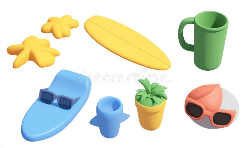 Rendering 3D Summer Vacation, Beach and Sea Icon Elements Objects Group ...