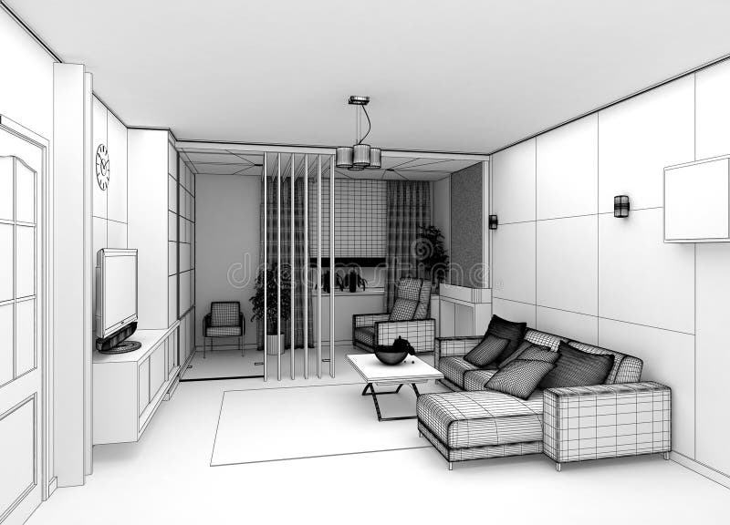 Rendering 3D of White Living Room Interior Stock Illustration ...