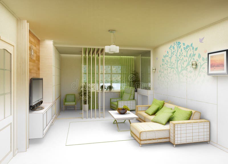 Rendering 3D of White Living Room Interior Stock Illustration ...
