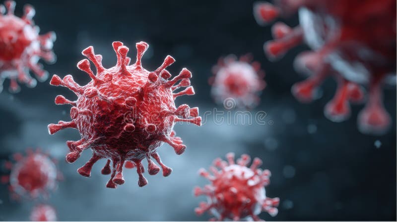 Rendering Depicts Multiple Red Coronavirus Pathogens Magnified in Dark ...