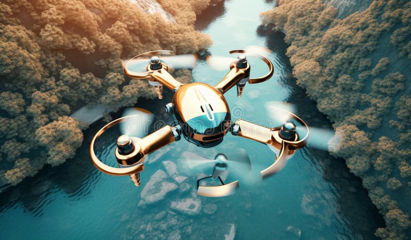 Drone Flying Over the River with AI Generated. Stock Illustration ...