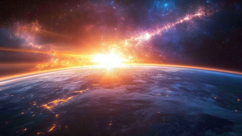 Rendering of the Earth in Space at Sunrise with Light Rays Shining ...
