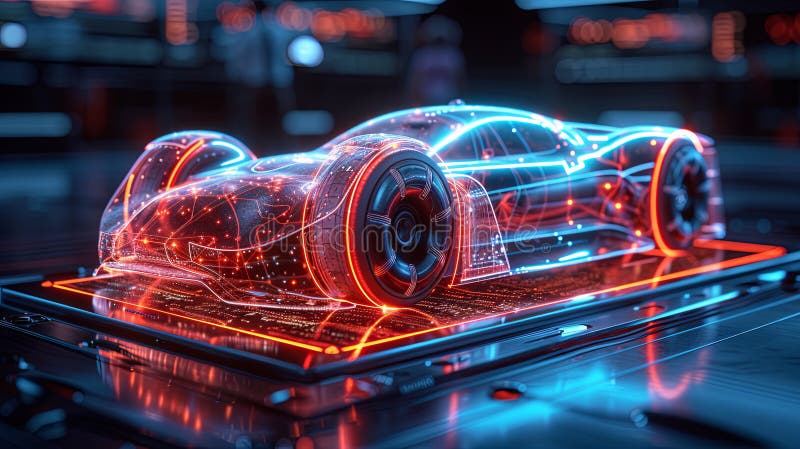 Rendering of a Futuristic Car with Red Neon Lights on the Background ...