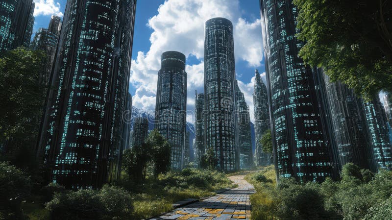 Rendering of a Futuristic Digital City Path Surrounded by Binary Towers ...